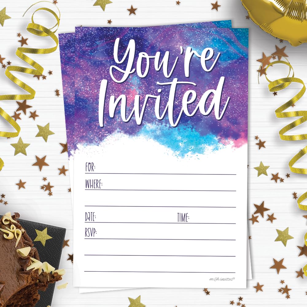 Galaxy Invitations With Envelopes For Out Of This World Birthday Party (20 Count) - Outer Space Theme Featuring Starry Night Sky