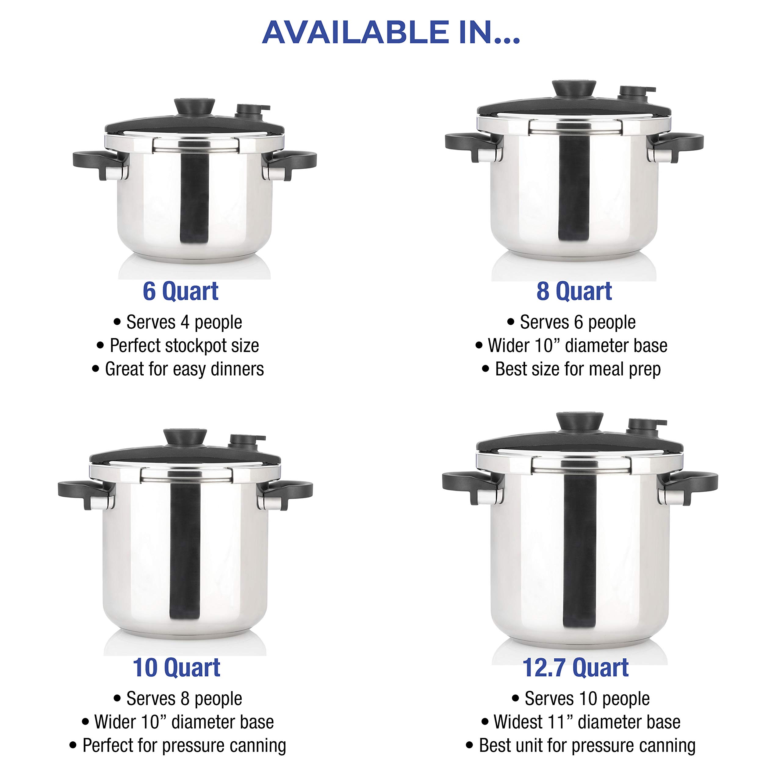 Zavor EZLock Stove Top Pressure Cooker 10 Quart - Canning Ready, Stainless Steel, Multi Pressure Levels, Easy Locking, Induction Ready, 4 Jar Canning Capacity, Digital Cookbook & Steamer Basket