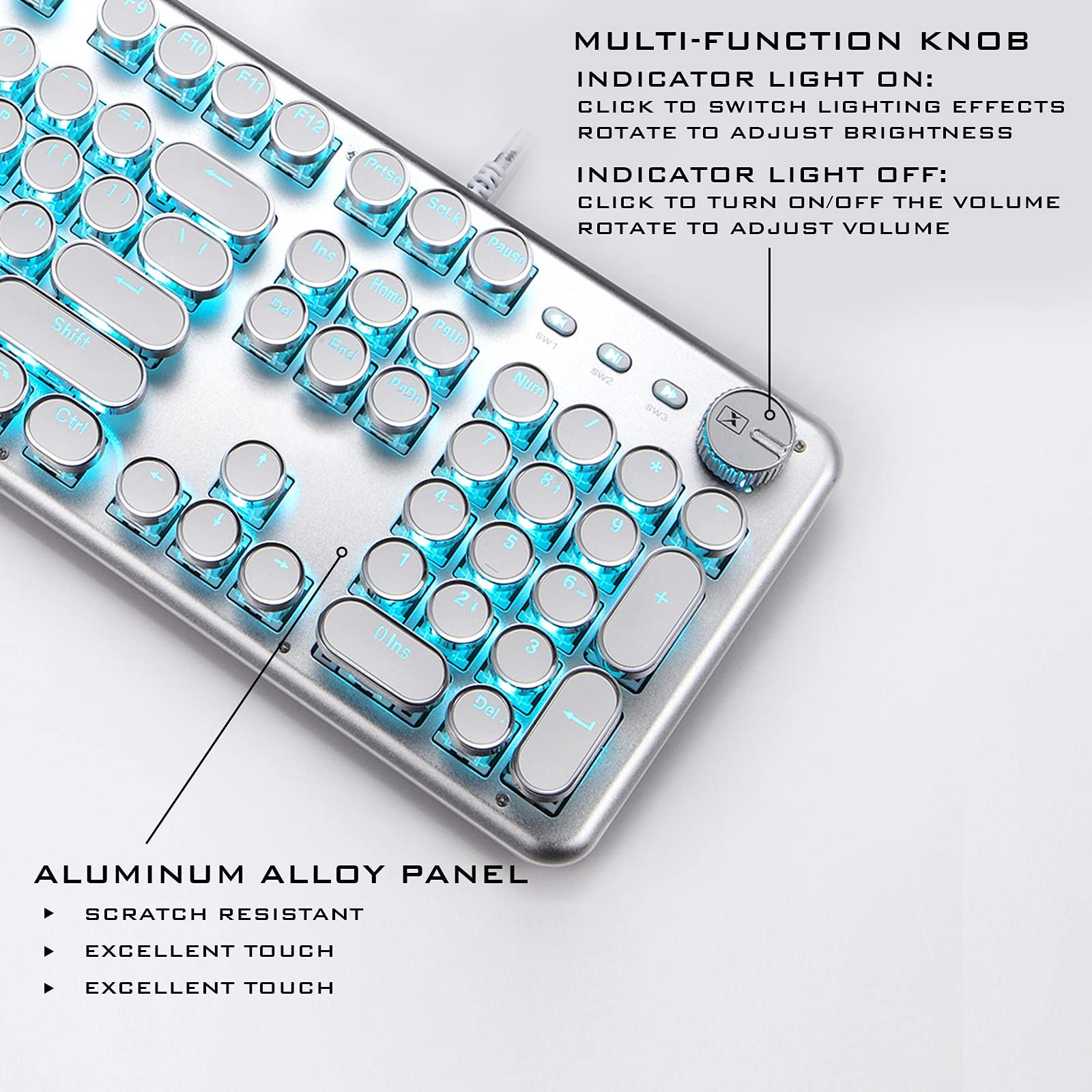 LIOURFE Typewriter Style Mechanical Gaming Keyboard with Blue Backlit 108-Key Blue Switch Retro Round Keycap, Silver