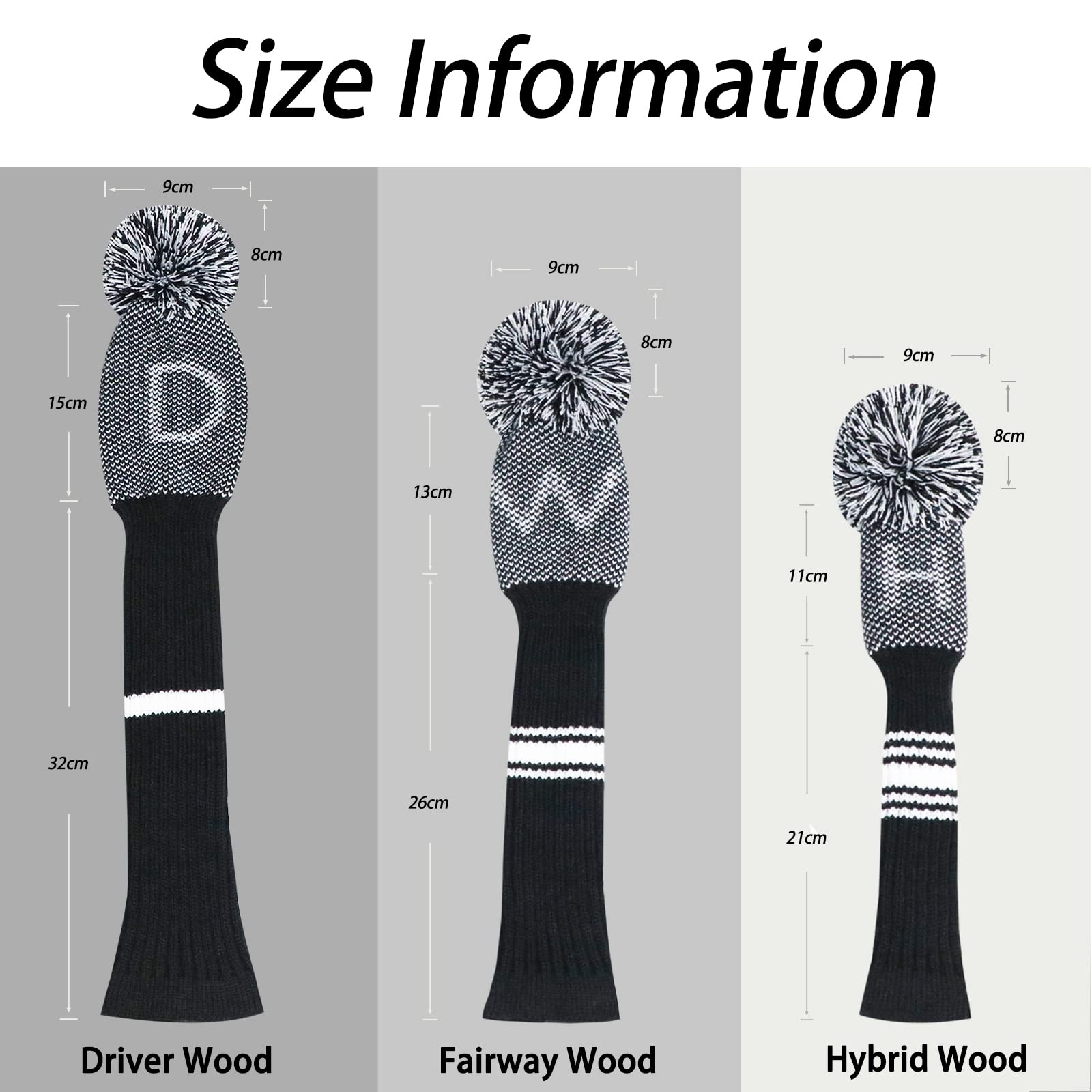 LeFeng 3Pcs Golf Club Head Covers Set Knitted Golf Head Covers for 460cc Driver Fairway Woods and Hybrid with Cute Pom Pom and Number Tag(White Dot Letter)
