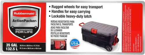 Rubbermaid ActionPacker 35 Gal Wheeled Lockable Storage Bin with Lid, Heavy-Duty Water Repellent Industrial Container with Built-In Durable Wheels, Great Tool Organizer, Truck Bed Storage, and More