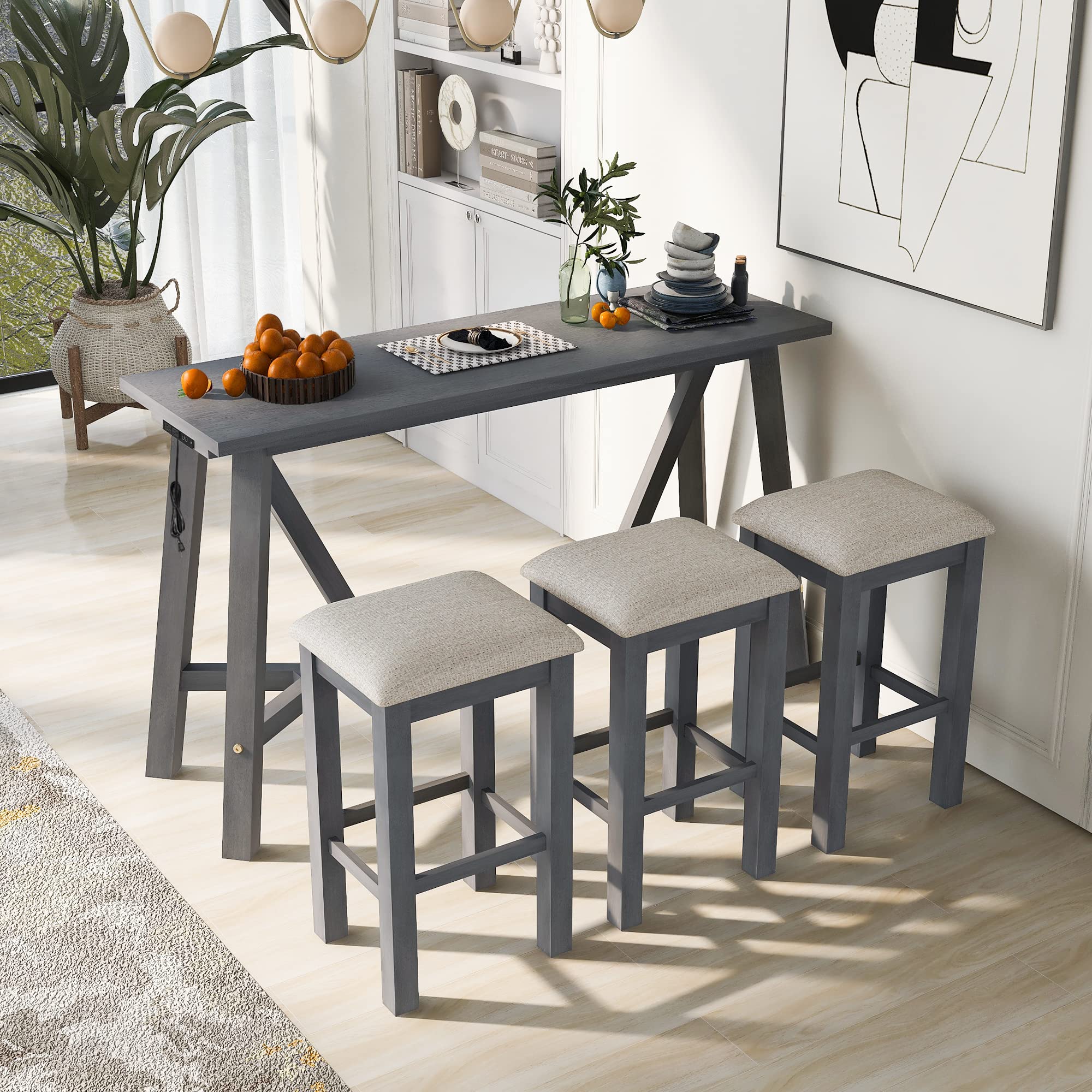 Goozio Multipurpose 4-Piece USB Port and 3 Upholstered Stools w/Footrest,Rustic Wooden Bar Chairs, Living Room, Restaurant, Small Space Dining Table Set,Gray, Onesize