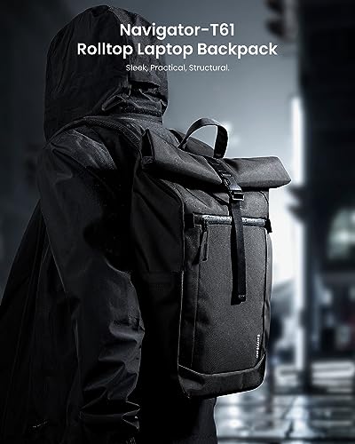 tomtoc Roll Top Laptop Backpack, Lightweight, Water-Resistant Commute Expandable Casual Daypack for 13-16 inch MacBook, Rucksack for Work College Trip, Large Capacity Adjustable 17-23L, Black
