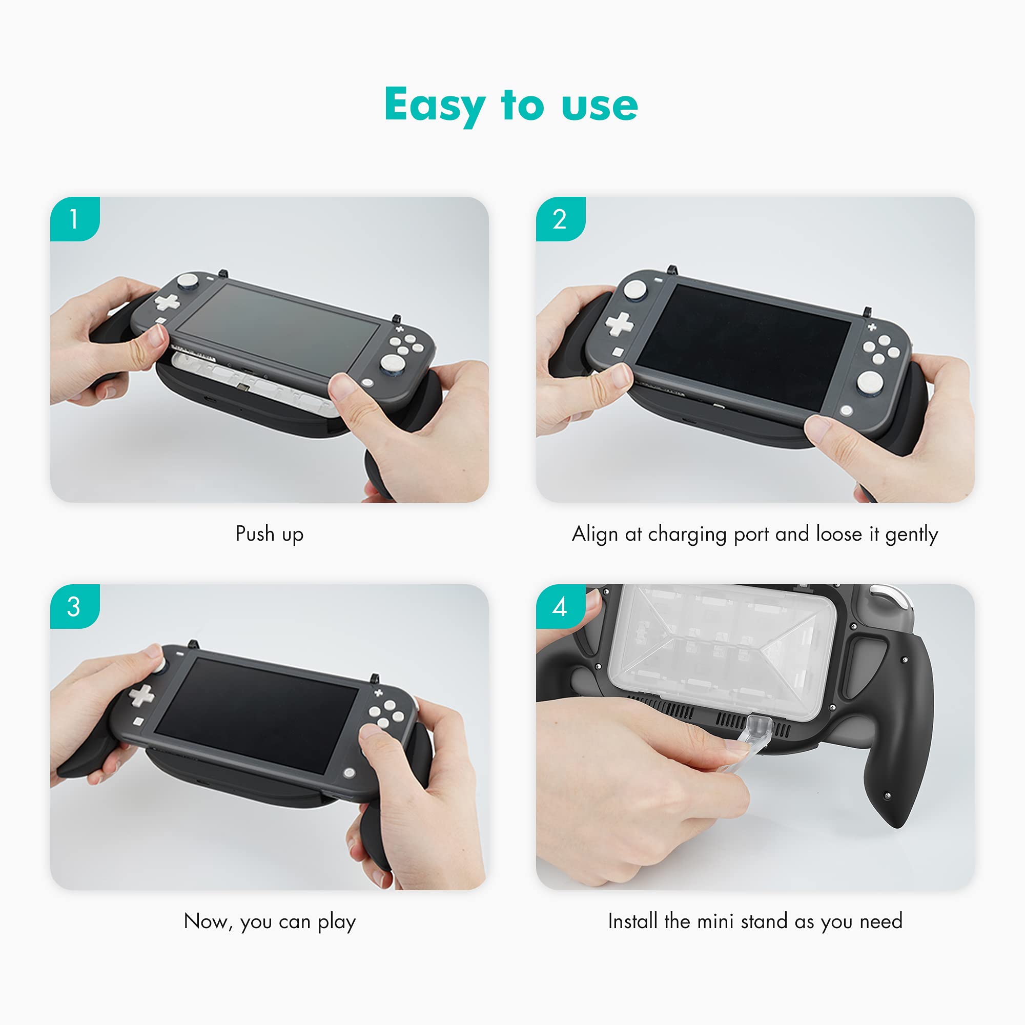 Hand Grip Case for Switch Lite, KIWIHOME Switch Lite Grip with Stand Ergonomic Comfort Handles with Game Storage Case Support Quick USB Charging Protective Case Kit for Switch Lite (Black)