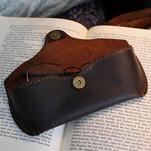 MyMesken- Leather Glasses Case- Premium Quality Eyeglass & Sunglass Case for Men and Women- Handmade, Thick Leather, Stylish Design- Protects Your Glasses- Magnetic Snap Closure- Brown Leather