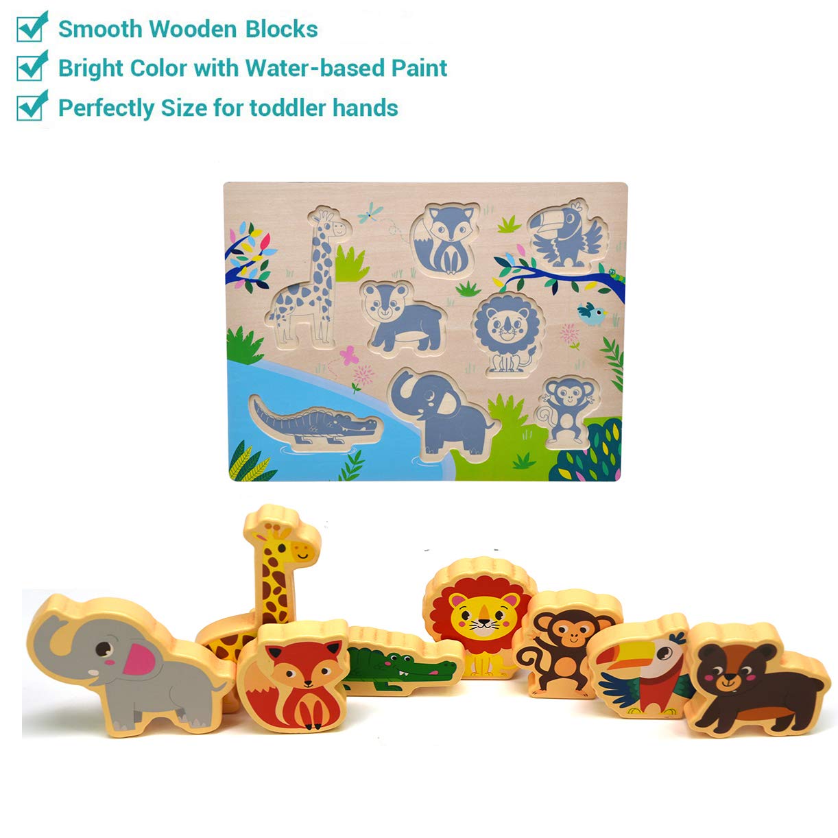 GYBBER&MUMU Animals Shape Sorter Board Wooden Peg Puzzles for Toddlers Early Skills Educational Toys