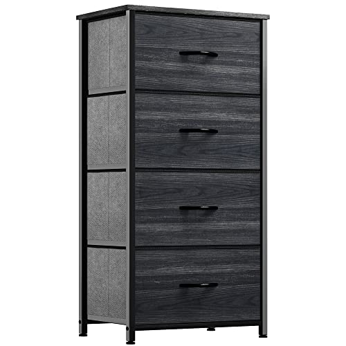 YITAHOME Dresser with 4 Drawers - Fabric Storage Tower, Organizer Unit for Bedroom, Hallway, Closets & Nursery - Sturdy Steel Frame, Wooden Top & Easy Pull Fabric Bins (Charcoal Black Wood Grain)