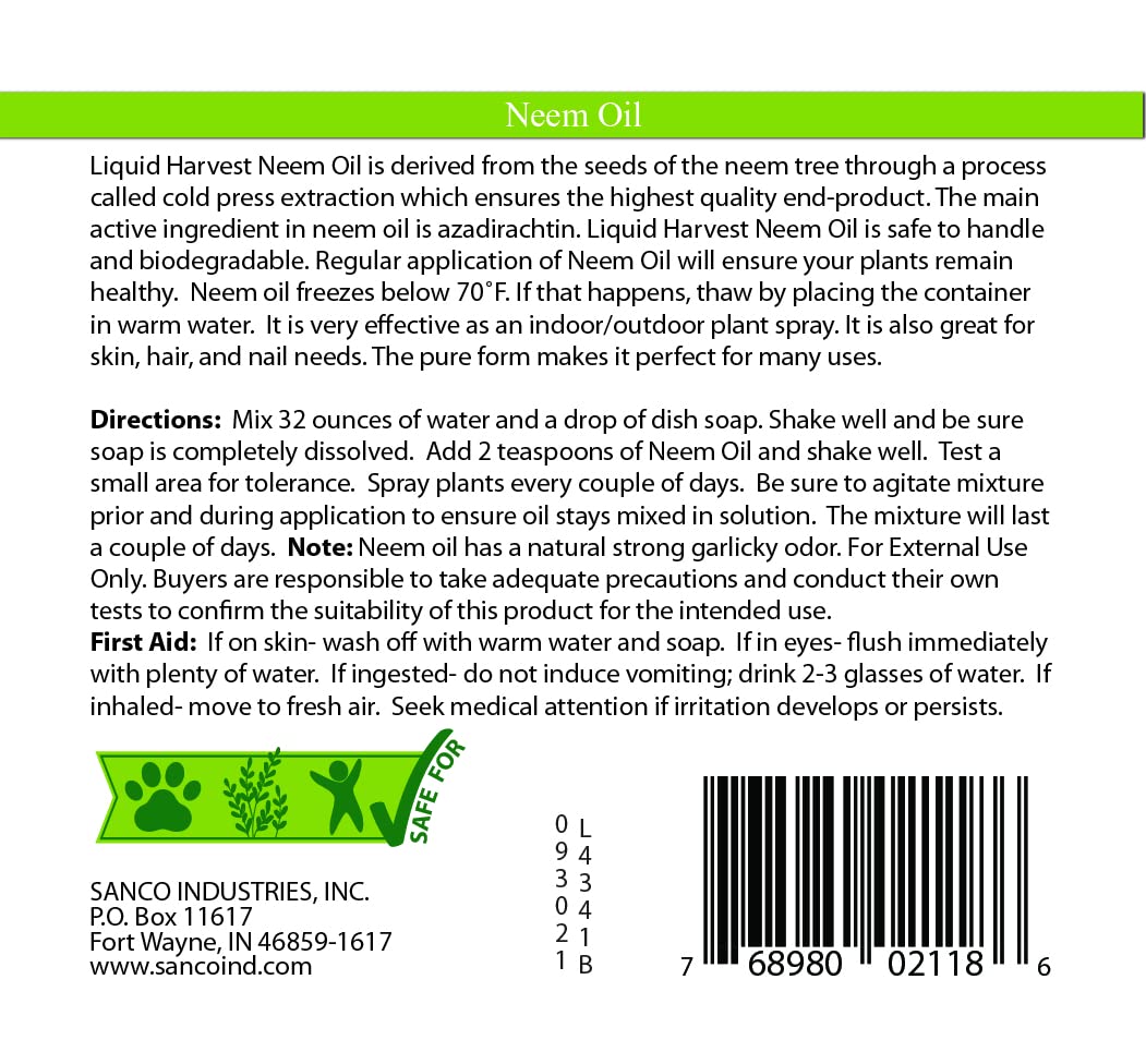 Liquid Harvest 100% Cold Pressed Neem Oil 16oz, Rich Azadirachtin Content for Plants & Neem Oil Spray Solutions