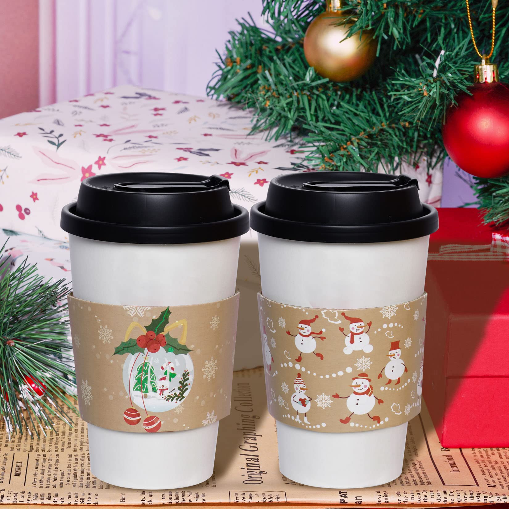 Hmxpls 24 Packs Christmas Santa Coffee Cups Sleeves, Disposable Hot Chocolate Cocoa Cup Sleeves for 12oz 16oz Hot Drinks & Cold Beverage, Holiday Snowman Xmas Cups Thicken Paper Sleeves, 12 Designs