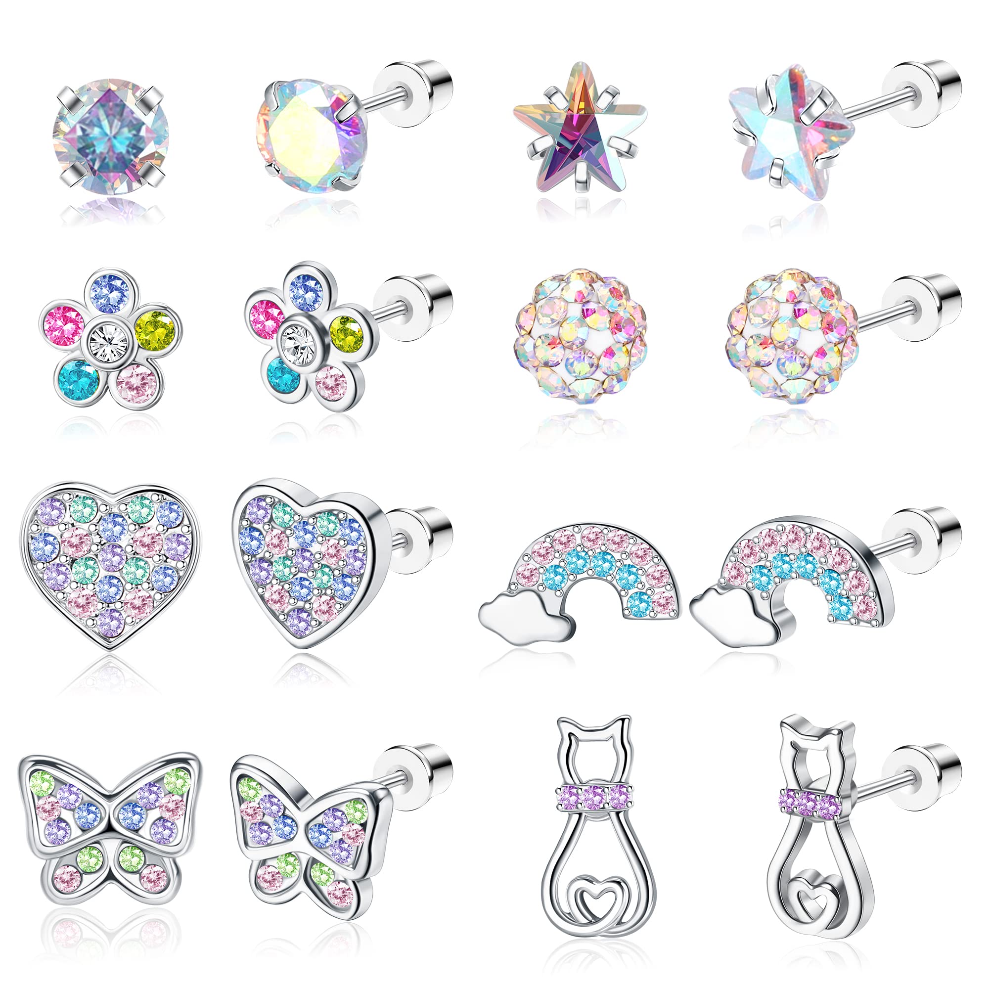 Helicopchain 8 Pairs Hypoallergenic Screwback Earrings Studs for Women Teens 316L Stainless Steel CZ Heart Screw Back Earring Studs Flower Multicolored Butterfly Stud Earrings Set