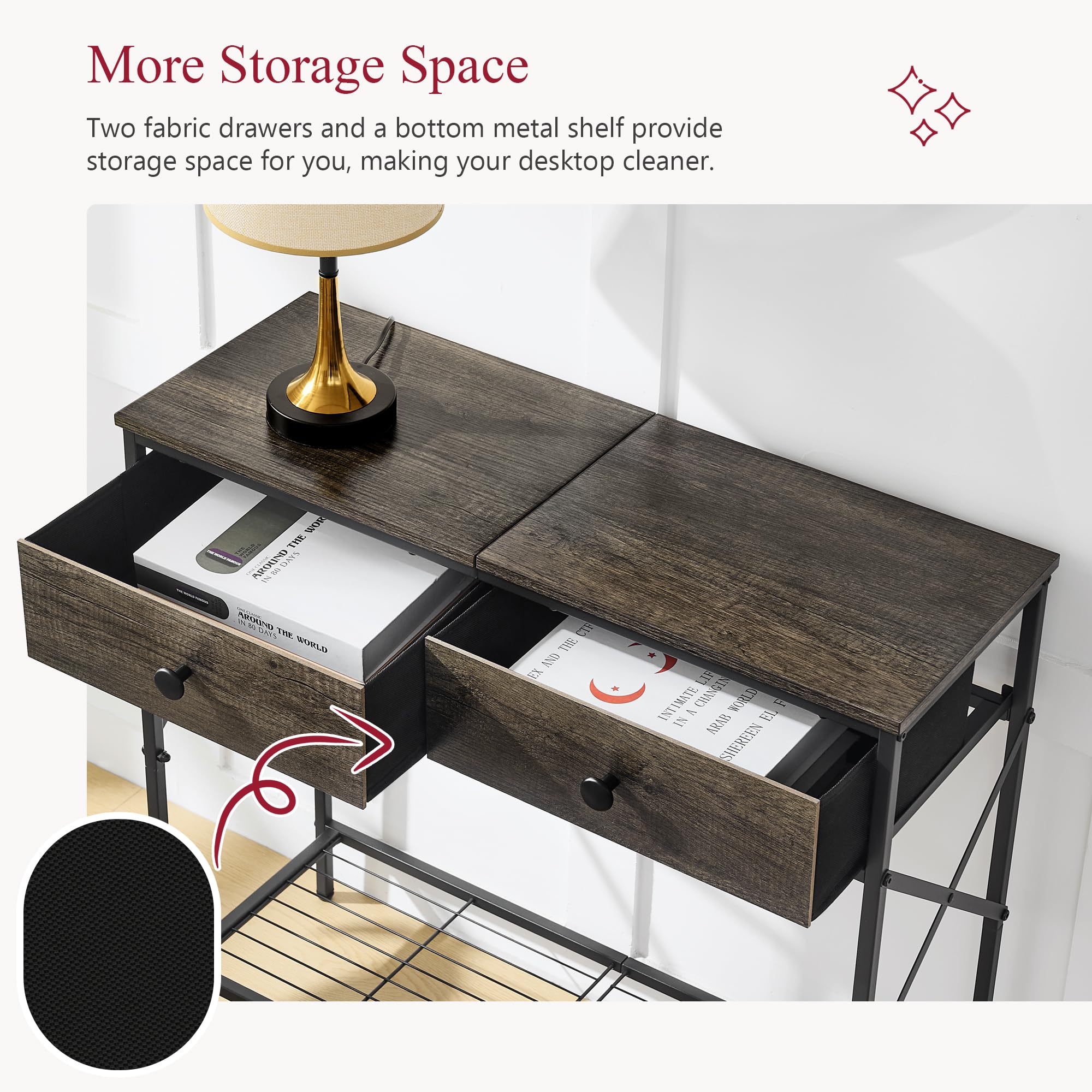 Tajsoon Console Table with 2 Fabric Drawers, 2-Tier Industrial Entryway Table with Storage Shelves, 31.5'' Narrow Sofa Table, Display Shelf for Entryway, Hallway, Living Room, Foyer, Greige