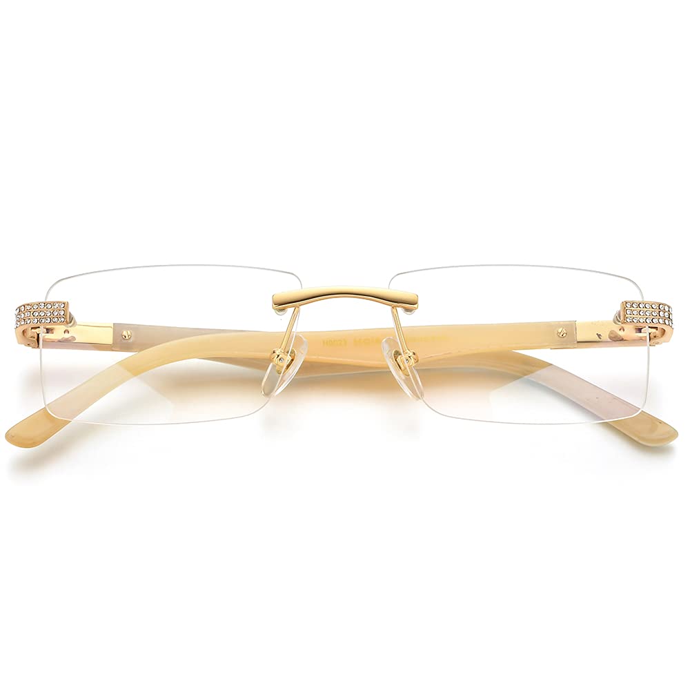 HEPIDEM 100% Really Buffalo Horn Glasses,Square Rimless Luxury Buffs Eyeglasses With Diamonds (White 0023)
