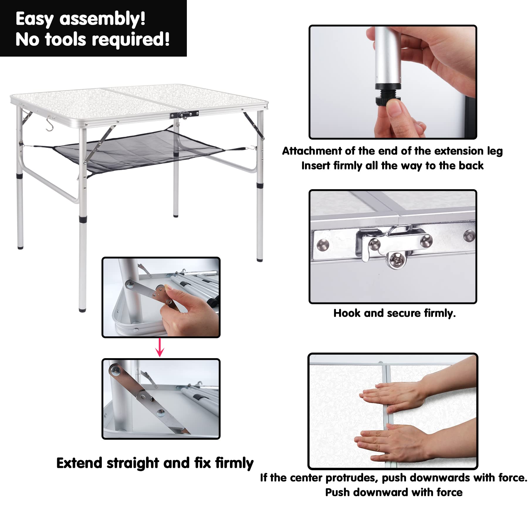 HONGBEI 3 Foot Folding Camping Table for Adults, Lightweight Foldable Table Adjustable Height with Aluminum Legs for Camping Trips, White