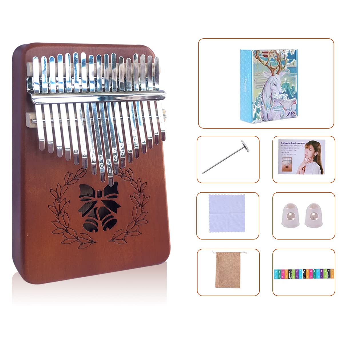 Kalimba Thumb Piano 17 Key Finger Piano Instrument with Learning Instructions and Tuning Hammer for Kids, Adult Beginners. (brown)