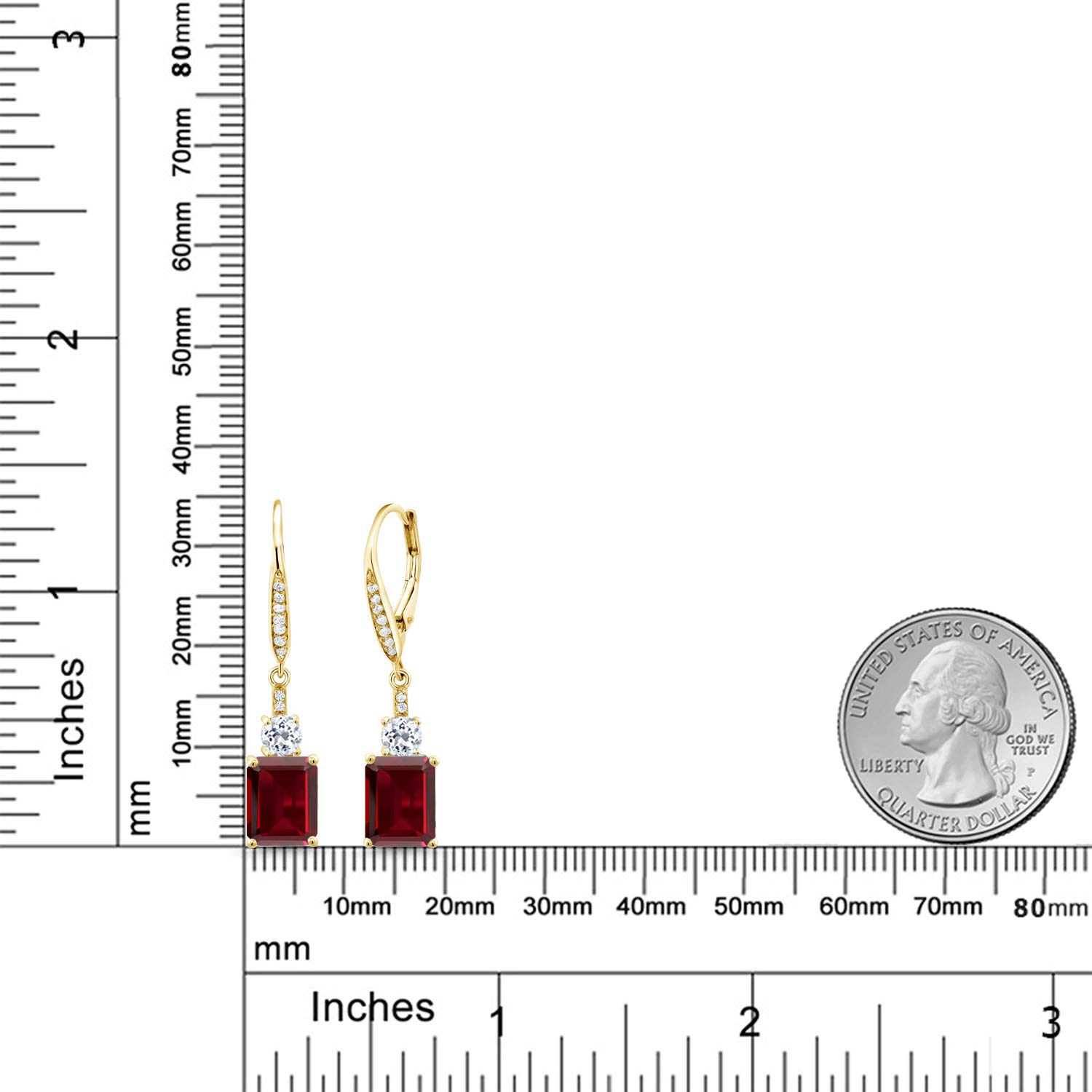 Gem Stone King 18K Yellow Gold Plated Silver Red Garnet and White Topaz Dangle Earrings For Women (5.88 Cttw, Gemstone January Birthstone, Octagon 9X7MM)