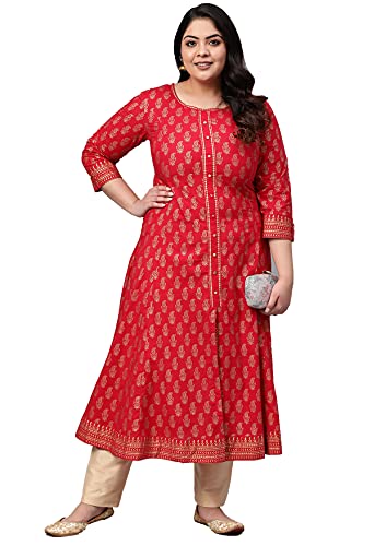 Yash Gallery Plus Size Cotton Gold Printed Anarkali Kurtis for Women (Red)