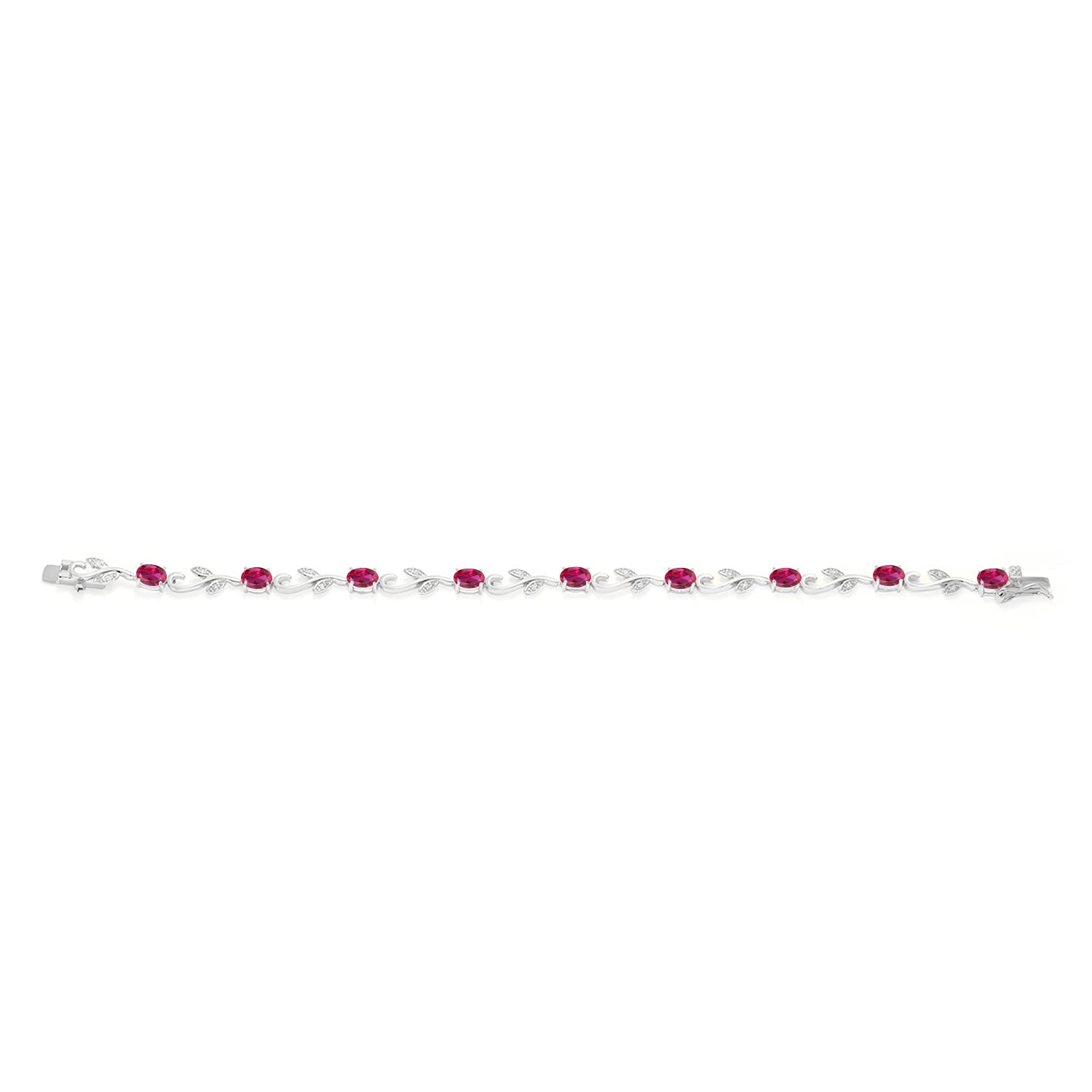 Gem Stone King 925 Sterling Silver Red Created Ruby and White Diamond Greek Vine Tennis Bracelet For Women (4.63 Cttw, Oval 6X4MM, 7 Inch)