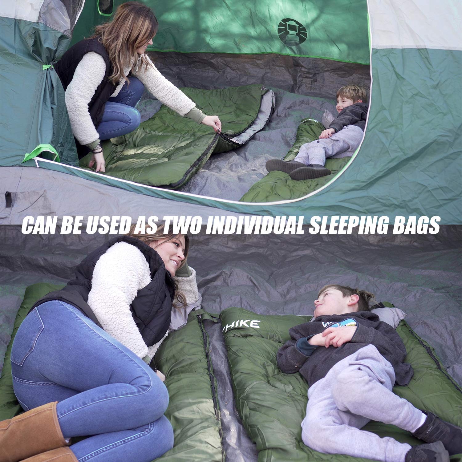 HITORHIKE Double Sleeping Bag for Adults 2 Person Backpacking Sleeping Bag with 2 Pillows 32°F Cold Weather Waterproof Sleeping Bag for Camping, Traveling, Outdoors (Green)