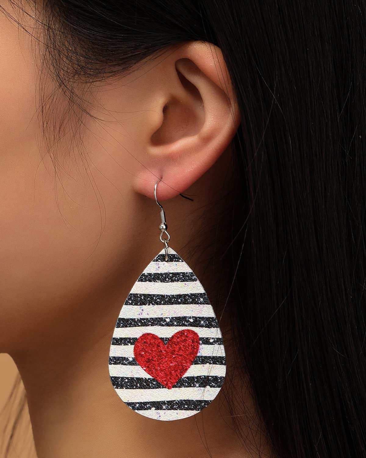Honsny 20 Pairs Valentine's Day Faux Leather Earrings Set for Women Lightweight Teardrop Dangle Earrings Heart Stiped Water Drop Earrings