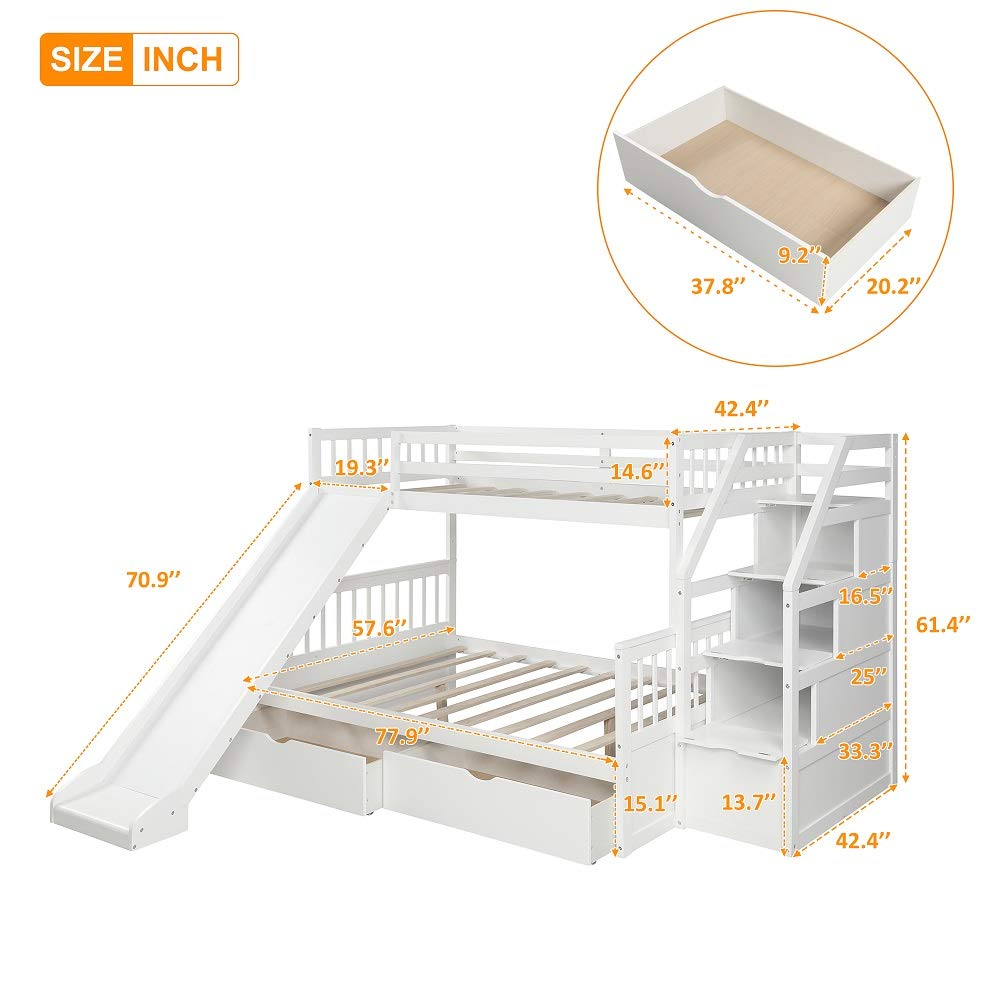 Harper & Bright Designs Twin Over Full Bunk Beds, Storage Low Bunk Beds with Slide and Staircase, No Box Spring Needed (Low Bunk Beds Twin Over Full White)