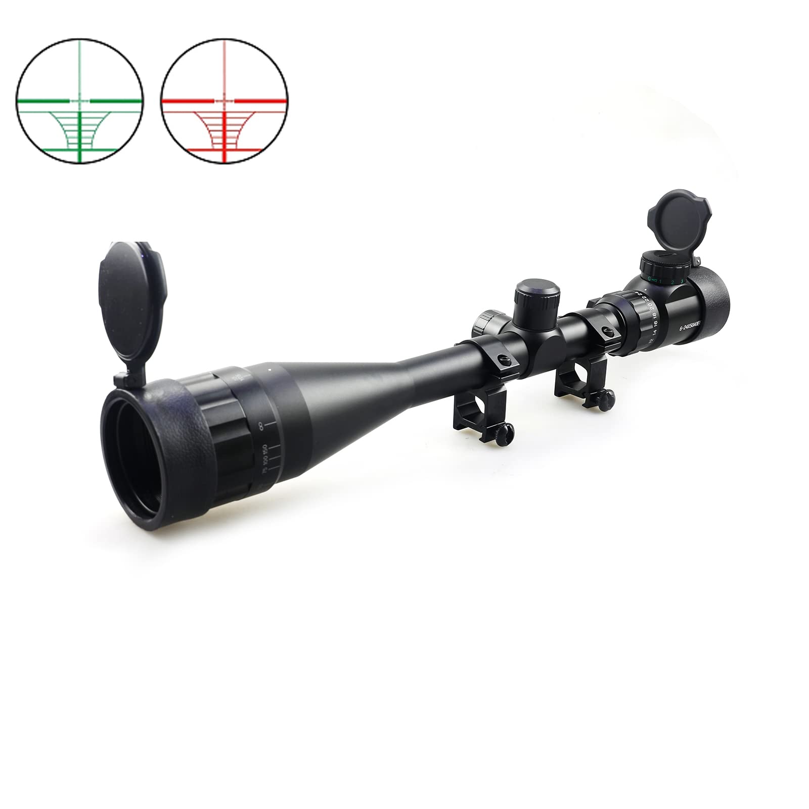 Jacgood 6-24x50 Rifle Scope for Hunting, Red & Green Illuminated Scope with Flip Up Scope Covers