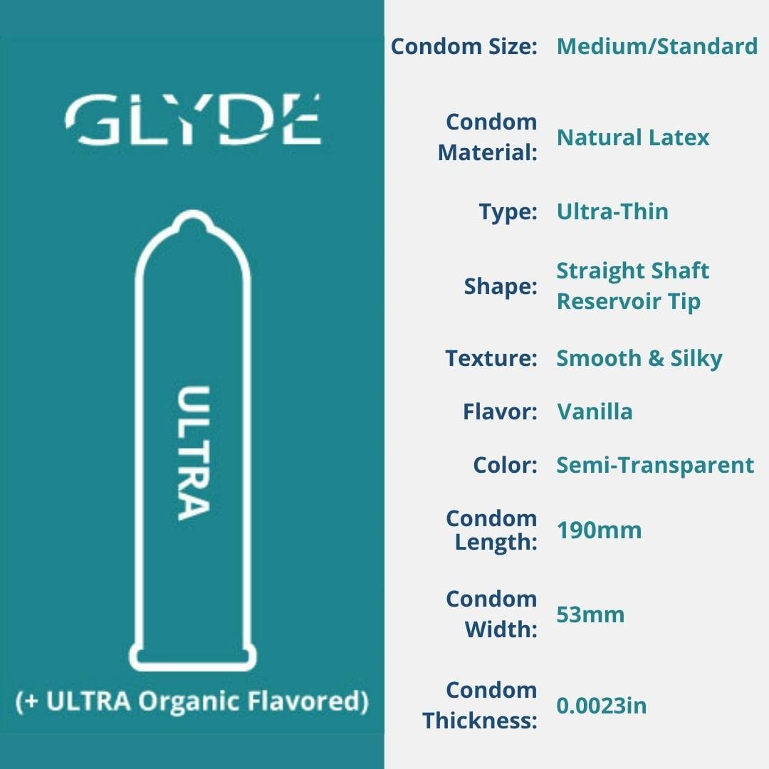 GLYDE Vanilla Flavored Ultra Thin Condoms - 4 Count - Organic Flavor Extract, Ultra-Thin, Vegan, Non-Toxic, Medium Size Natural Rubber Latex, 53mm Standard Fit