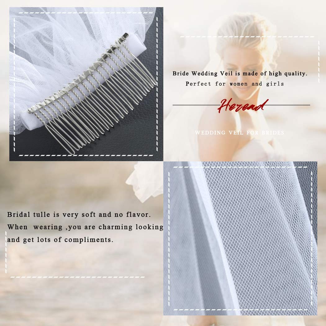 HEREAD 1 Tier Bride Wedding Veil Short Wasit Elbow Length Bridal Tulle Veils with Comb and Cut Edge (White)
