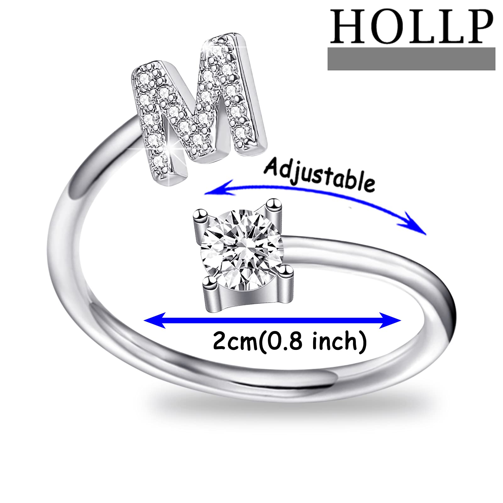 HOLLP 26 Initial Letter Alphabet Cuff Ring Adjustable A-Z Stackable Ring Lovers Rings Gift For Wife Girlfriend (M)