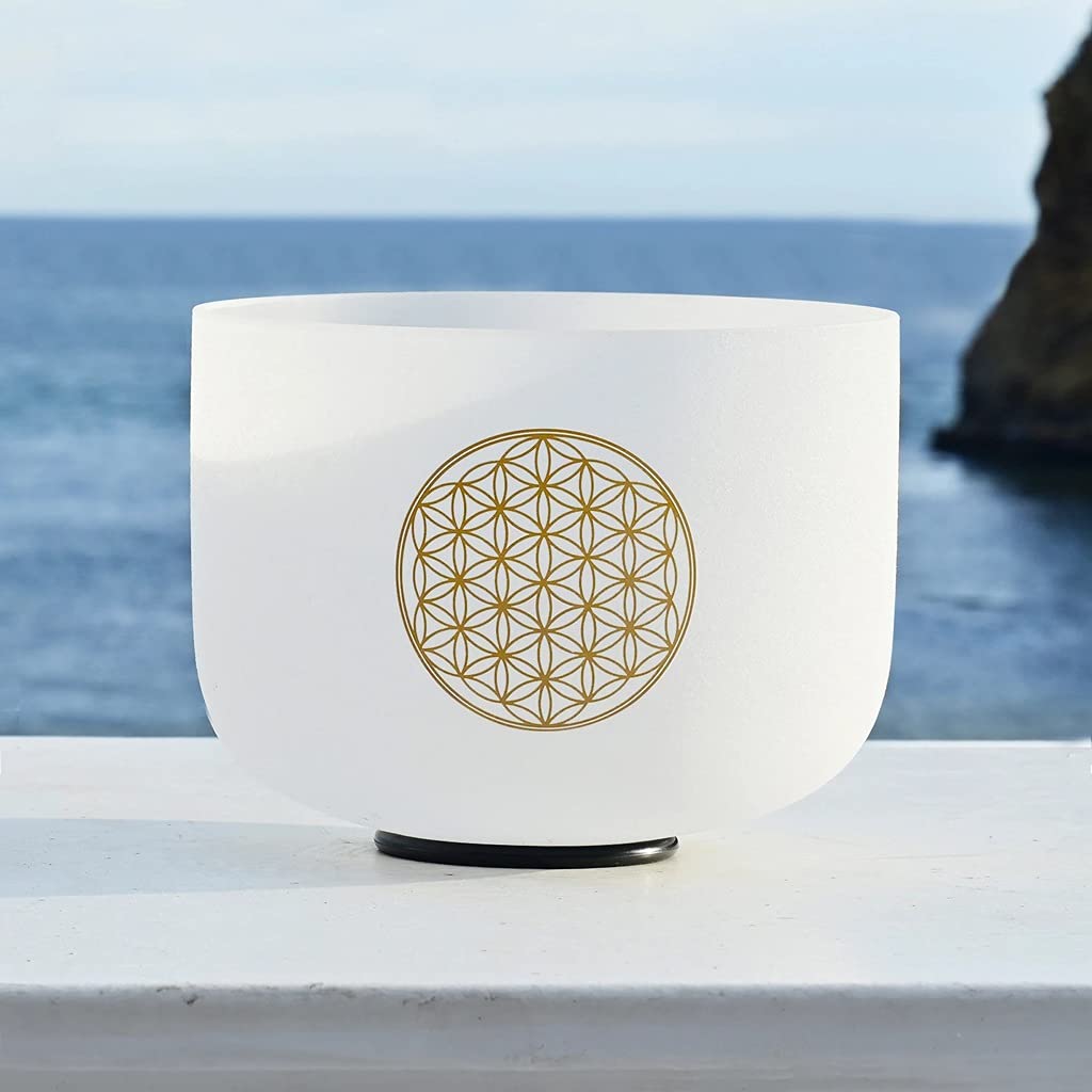N/A 528Hz 8" C 5 Octave Chakra Frosted Quartz Crystal Singing Bowl with Flower of Life