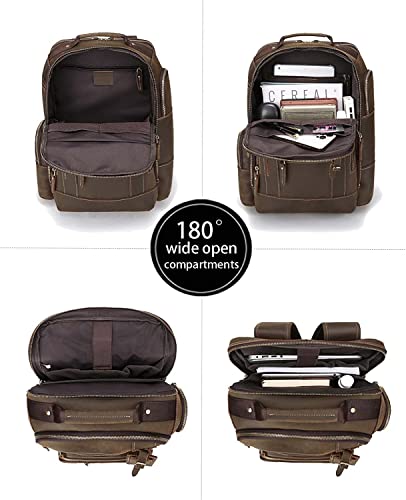 Taertii Mens Full Grain Genuine Leather 15.6 Laptop Backpack Large Capacity Weekender Overnight Camping Travel Rucksack 30L