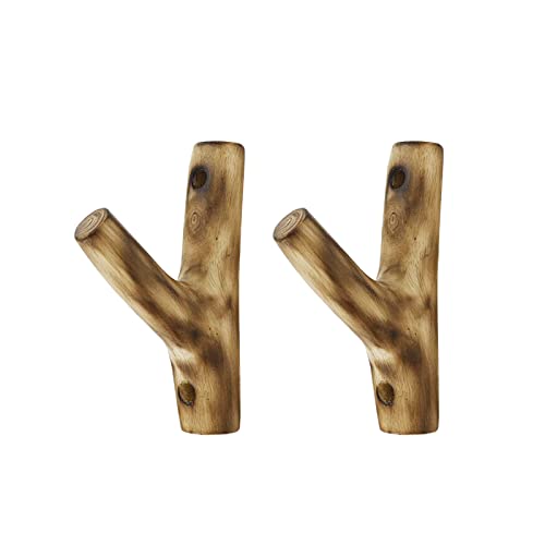 Woogim 2Pcs Wood Wall Hooks Vintage Real Wood Tree Branch Wall Hooks Wall-Mounted Rustic Decorative Wood Hooks for Keys Coats Bags Towels (Width 0.6"-1")
