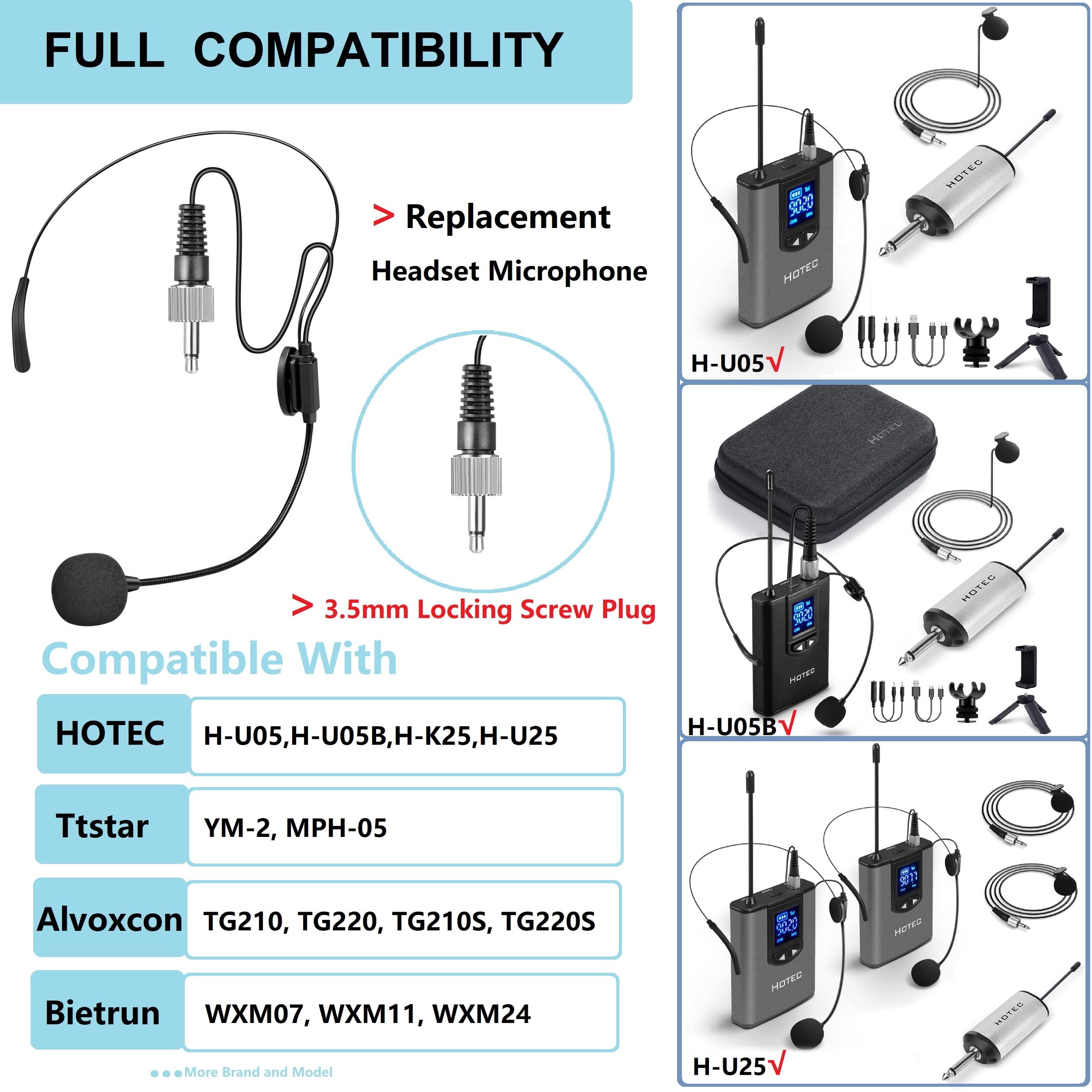 HOTEC Replacement Headset Microphone with 3.5mm Locking Screw Plug, Unidirectional Microphone Replacement Mic Compatible Wireless Microphone System