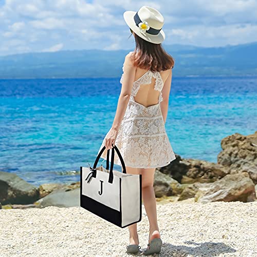 TOPDesign Embroidery Initial Canvas Tote Bag, Personalized Present Bag, Suitable for Wedding, Birthday, Beach, Holiday, is a Great Gift for Women, Mom, Teachers, Friends, Bridesmaids (Letter J)