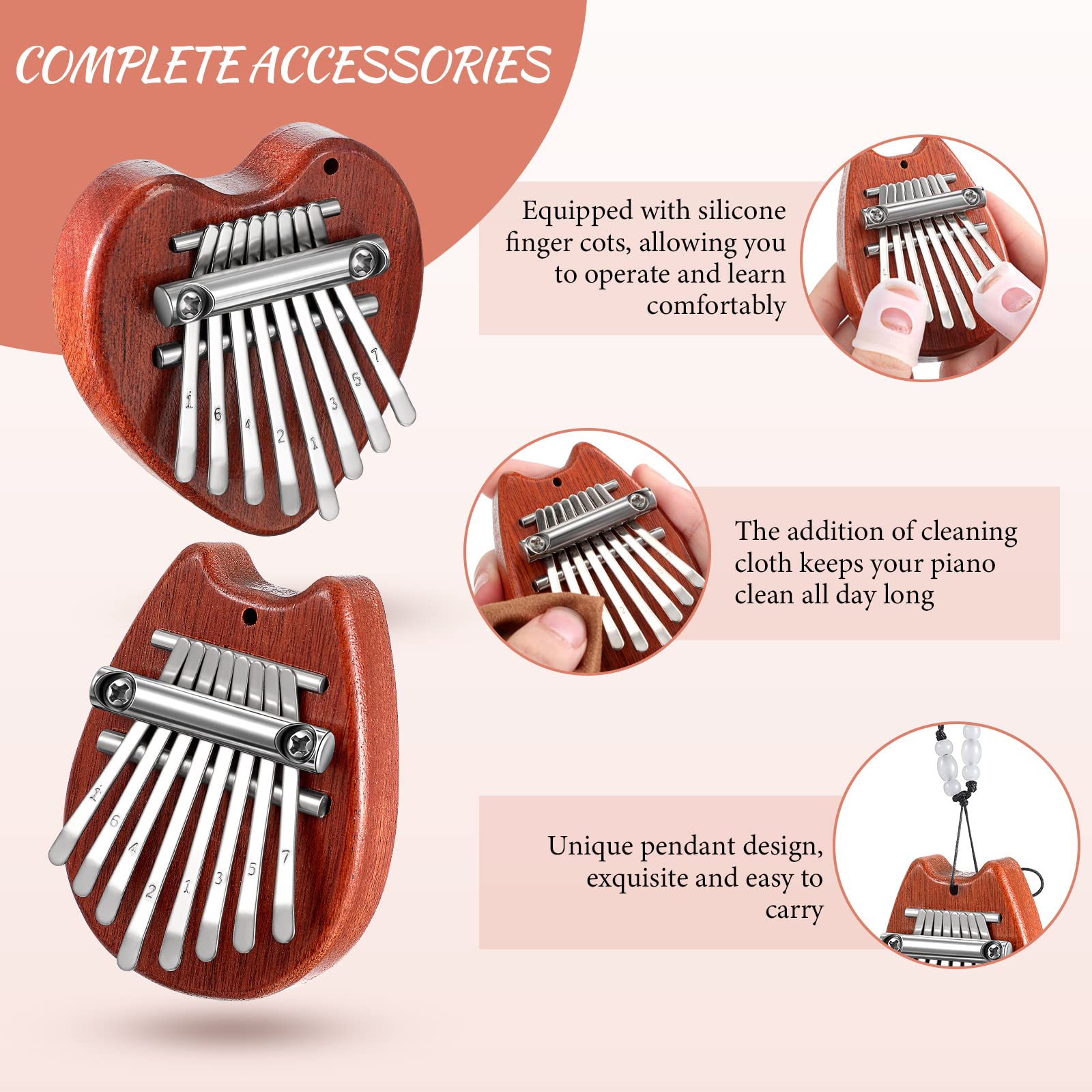 Konohan 24 Pcs 8 Keys Mini Kalimba Piano Set, Include 4 Mini Exquisite Finger Thumb Piano 4 Lanyard 4 Chains 8 Finger Protector 4 Cleaning Cloth for Kids Adults Beginners Gift (Cute Style)