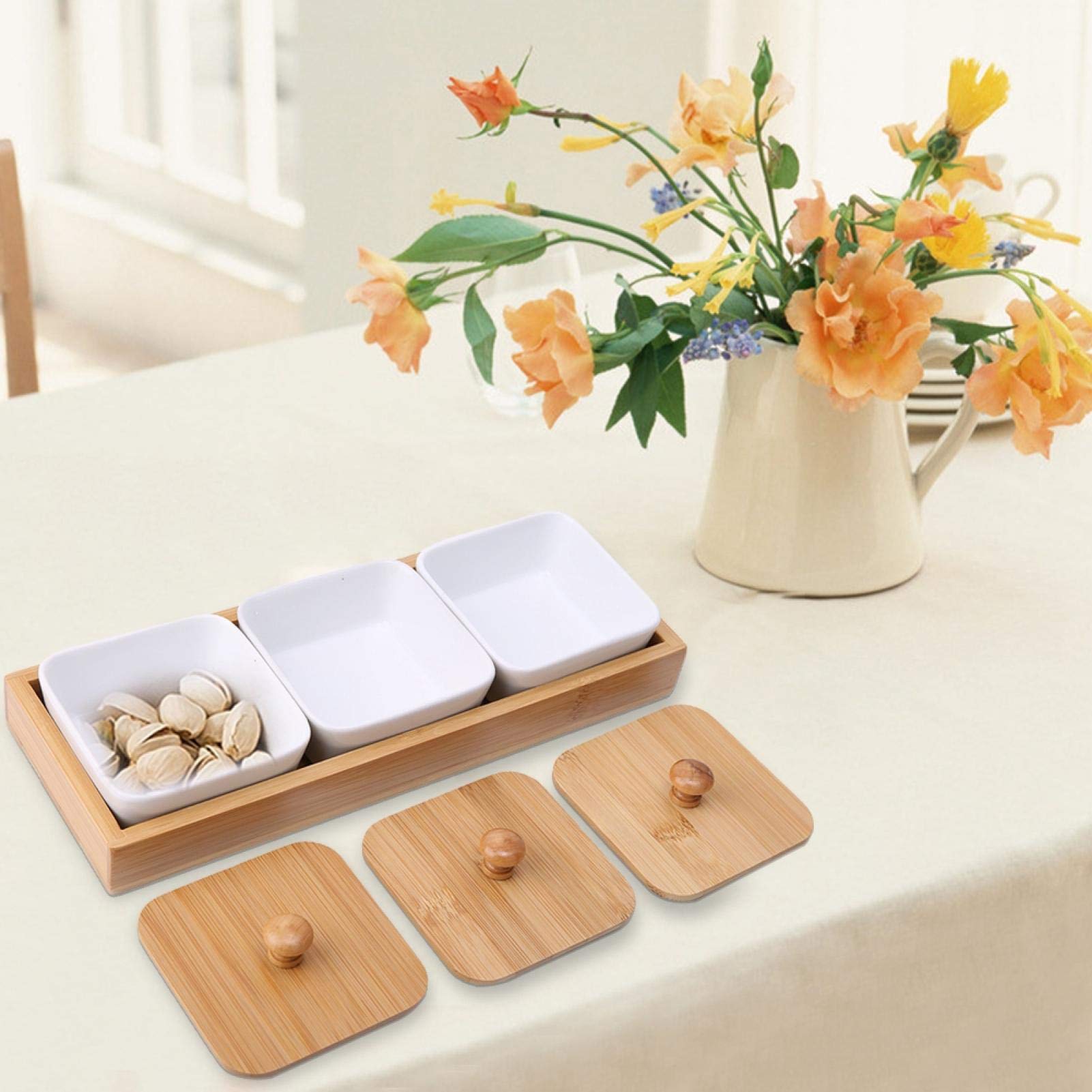 Joyzan Ceramic Divided Serving Dishes, Porcelain Snack Nut Condiments Appetizer Bowl Lids Dip Candy Platter Relish Bamboo Tray Removable Food Display Container Fruit Dessert Potato Chip Birthday Party