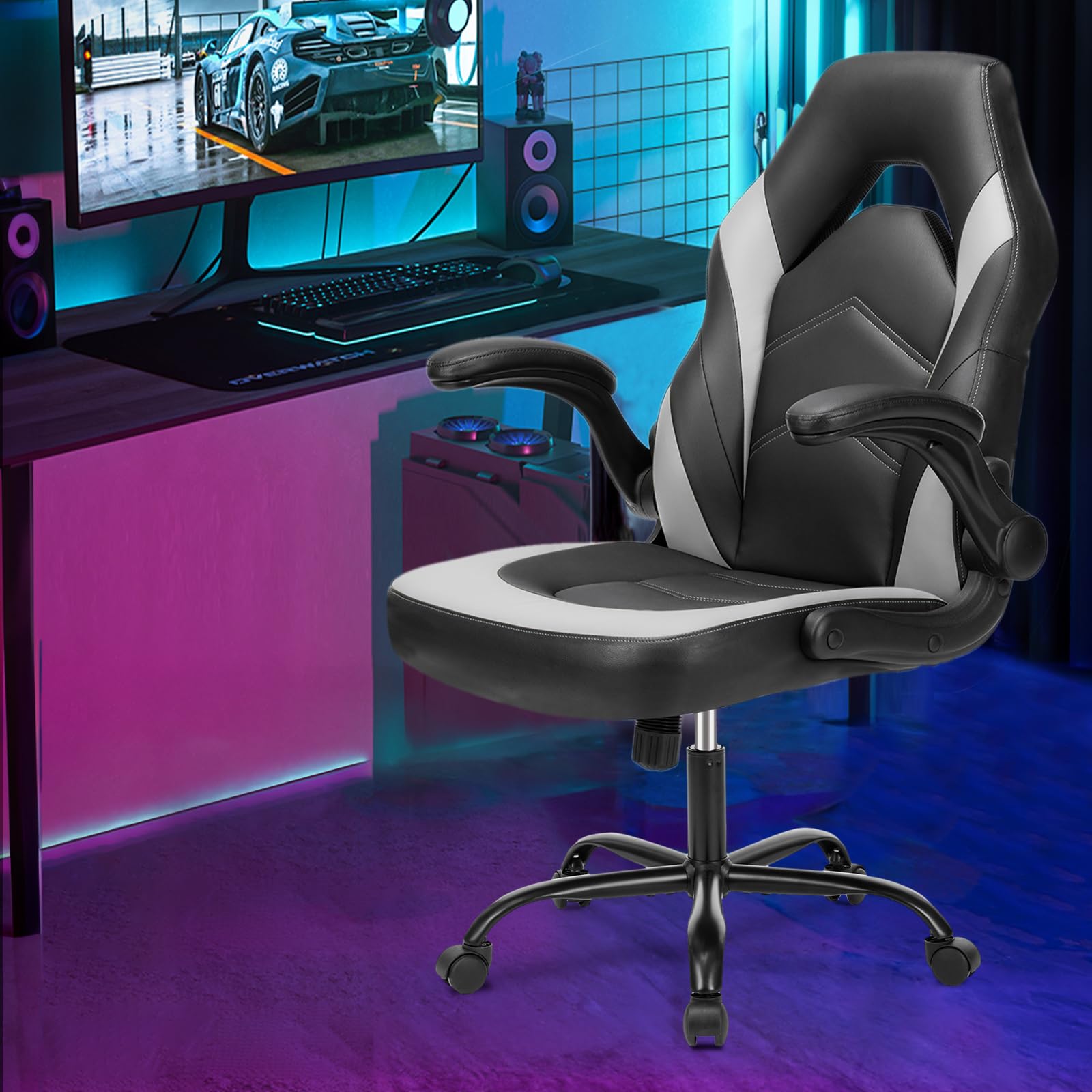 Gaming Chair, Ergonomic Office Chair High Back Computer Chair with PU Leather and Flip-up Armrest, Executive Ergonomic Adjustable Swivel Task Chair - White