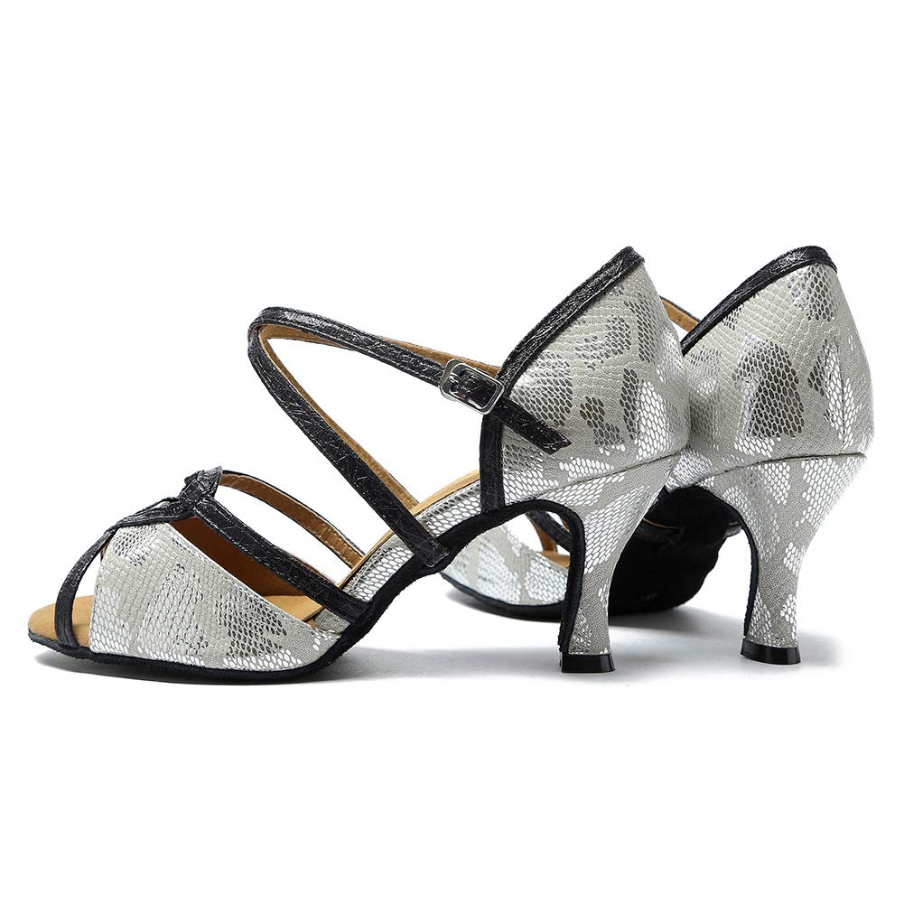 HROYL Latin Dance Shoes For Women Low Heel Ankle Strap Latin Salsa Bachata Shoes Performance Dance Shoes,YCL215-Silver grey-4.5,US5.5