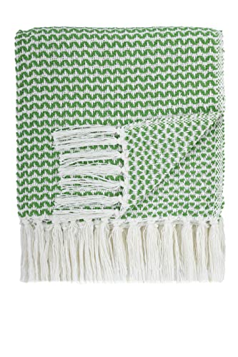 Woven Virtues Modern Hand-Woven Throw Blanket, 50" x 60", Green and White, Light, Luxurious and Soft