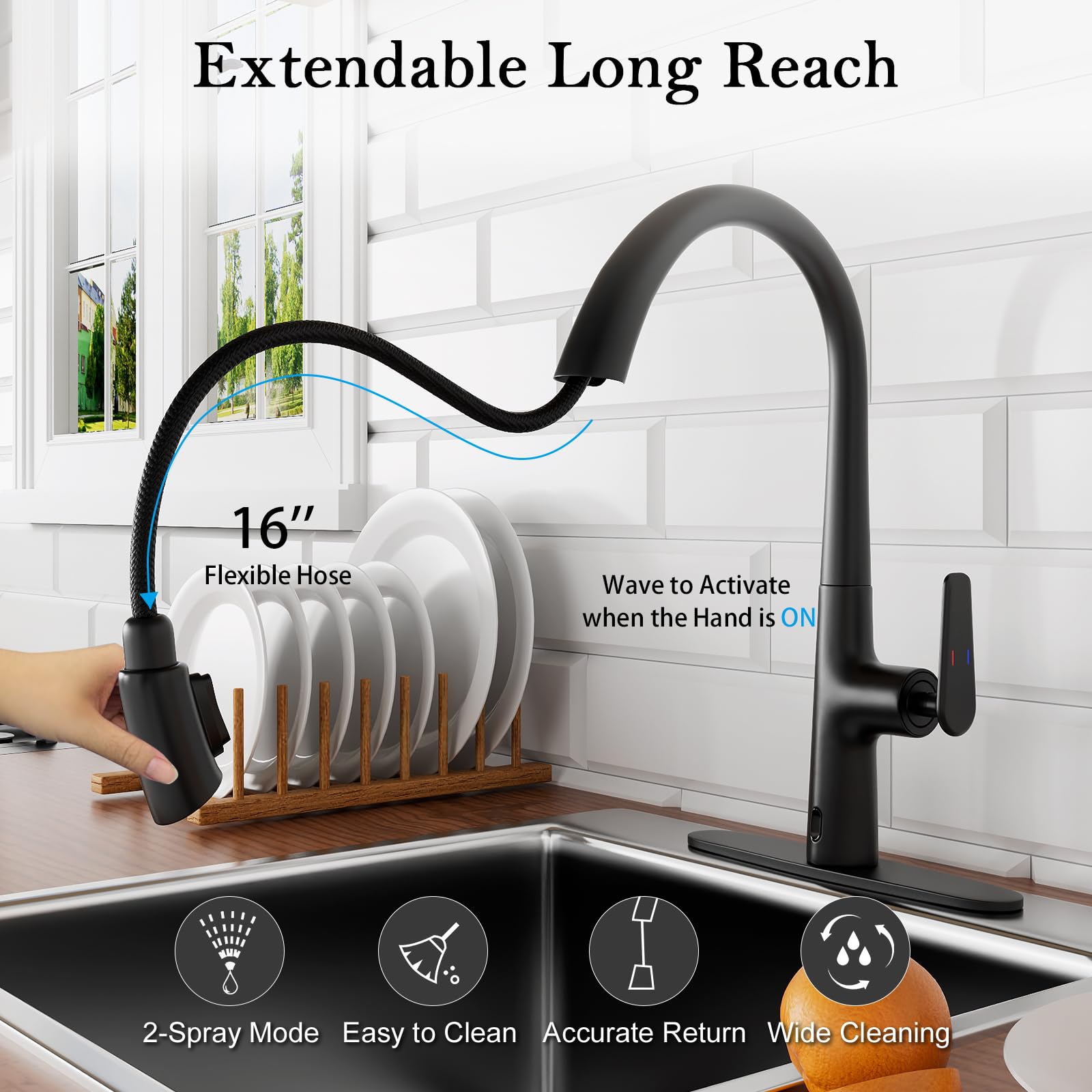 GIVINGTREE Dual Sensors Touchless Kitchen Faucet,One-Handle Pull Down Kitchen Faucet, 2 Mode Sprayer,Fingerprint Resistant, Dual Temp, American Standard braided hoses,Handle with 1/3 Hole Deck Plate