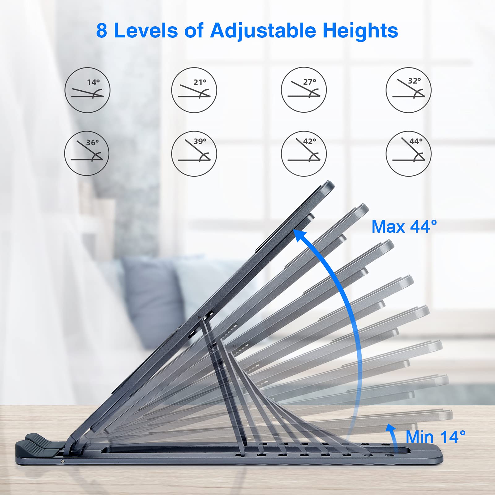 JUNEU Laptop Stand for Desk, Aluminum Computer Riser 8 Angles Adjustable Notebook Stand Mount Holder for MacBook, HP, Tablet, iPad, More 10-17.3 Inch, Supports up to 44lb