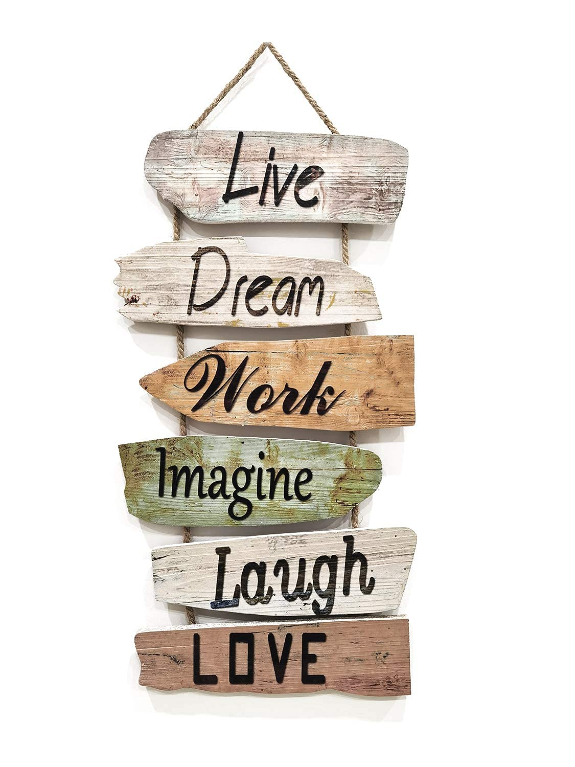 Hanging Wall Sign Rustic Wooden Wall Sign (Live, Dream, Work, Imagine, Laugh, Love) Wood Wall Decoration for Home Decor