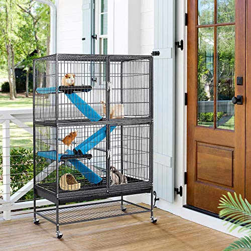 Topeakmart Small Animals Cages Ferret/Guinea Pigs/Chinchilla/Rabbit Cages 2-Story Rolling Metal Critter Nation w/ 2 Removable Ramps &Litter Box, Hammock,Black