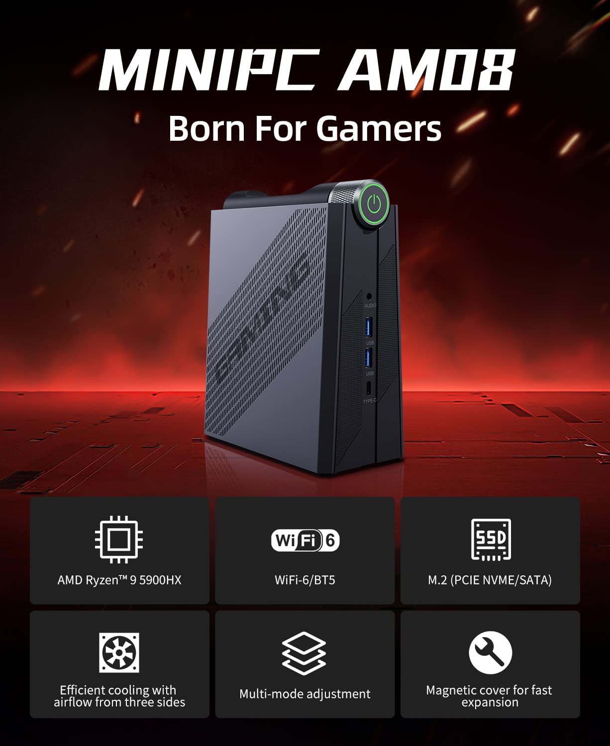 OASLOA Gaming PC AMD Ryzen 9 5900HX 4.6Ghz Processor 32GB DDR4 512GB NVMe M.2 SSD Desktop Computer RGB Light and Mode Adjustable Mini PC Support WiFi 6 and Bluetooth 5.0