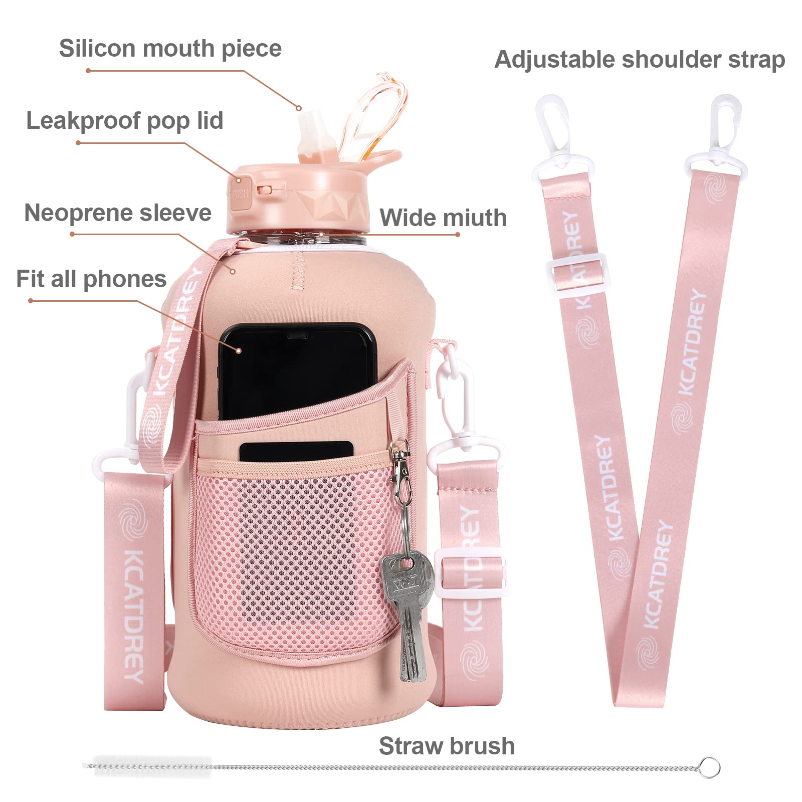 KCATDREY Half Gallon Water Bottle with Straw and Sleeve 74oz /2.2L Leakproof Big Reusable Water Jug with Handle, Suitable for Workout Gym Sports Outdoor