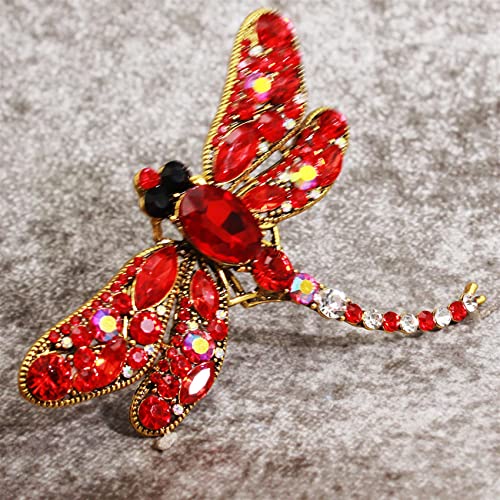 Hsakess Artificial Crystal Rhinestone Dragonfly Brooch Pin Animals Pin Gift for Women Outfits Decoration,Red, 9.1*7.5cm