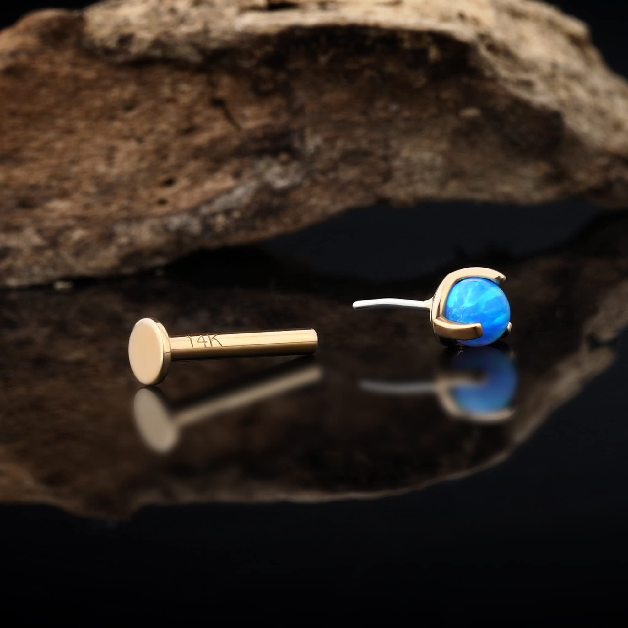Jewseen 14K Gold Top Push in Threadless Cartilage Earring Opal Flat Back Stud Earring Nose Studs Labret Monroe Lip Piercing Jewelry G23 Titanium Helix Stud Tragus Earring Cartilage Piercing Jewelry
