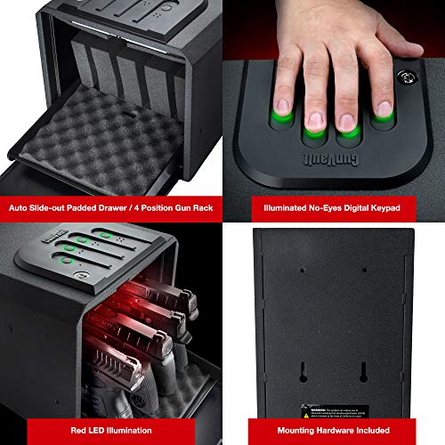 GunVault MultiVault Quick Access Large Gun Safe with Illuminated No-Eyes Digital Keypad, Auto Slide-Out Drawer and LED Illumination (4 Pistol Capacity)