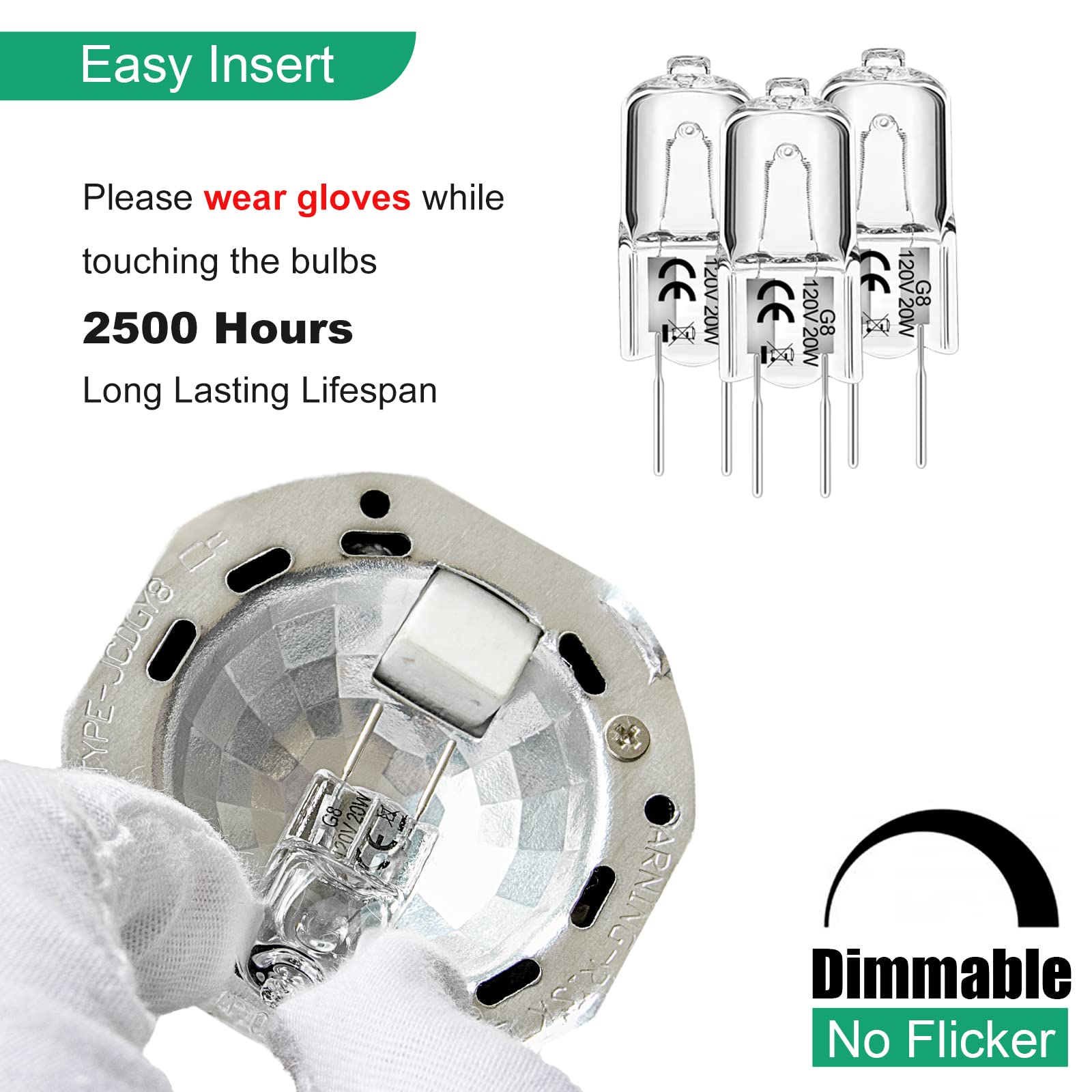 Jaenmsa G8 Halogen Light Bulbs,12 Pack 120V 20W G8 Bulbs Short 2 Pins JCD Type, T4 Bi-Pin Mini Light lamp for Under Cabinet Puck Lighting,Range Hood Replacement