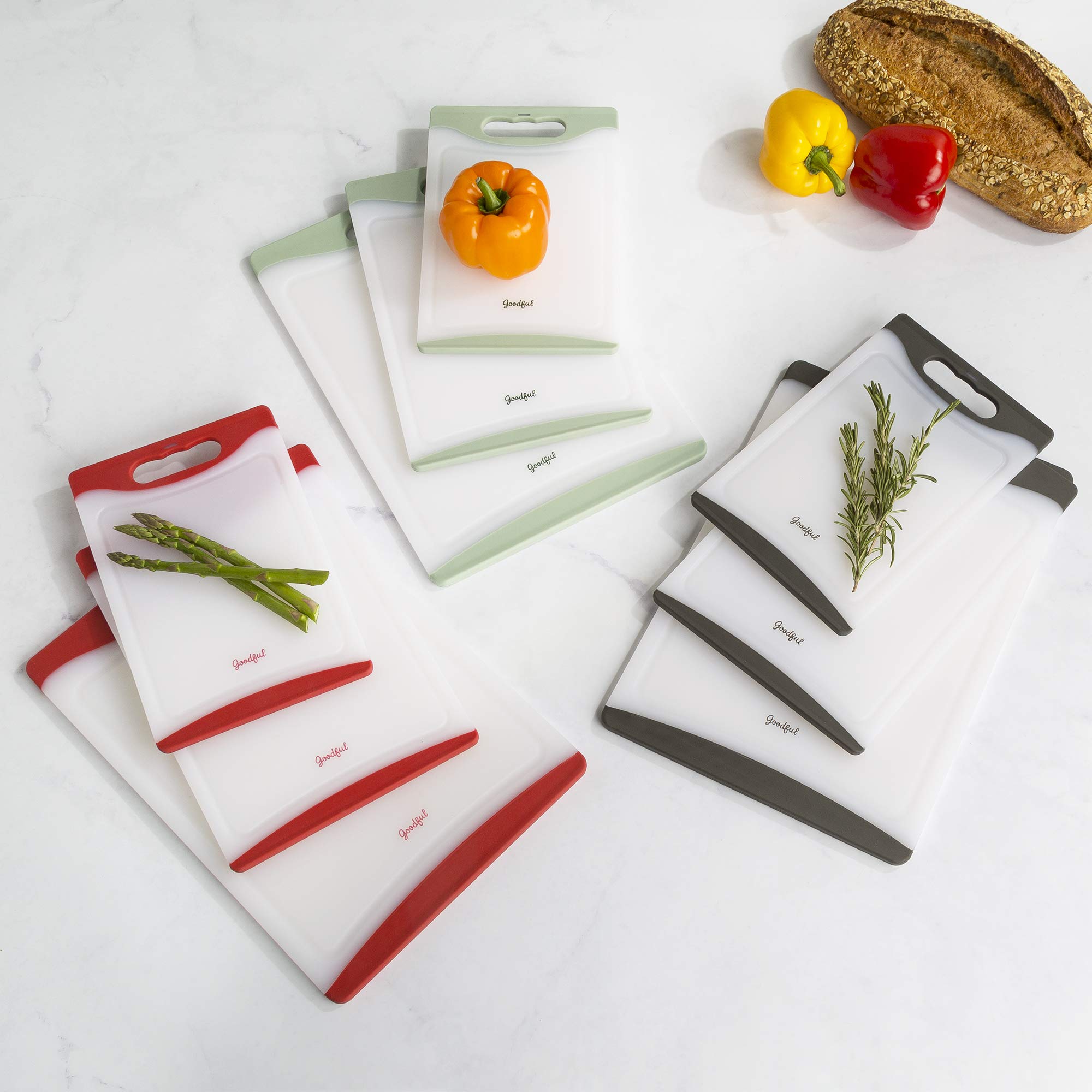 Goodful Cutting Board (3 Piece Set)- Non-Slip Edges, Easy Grip Handles, Made without BPA, Non-Porous, Dishwasher Safe, Multiple Sizes, Sage