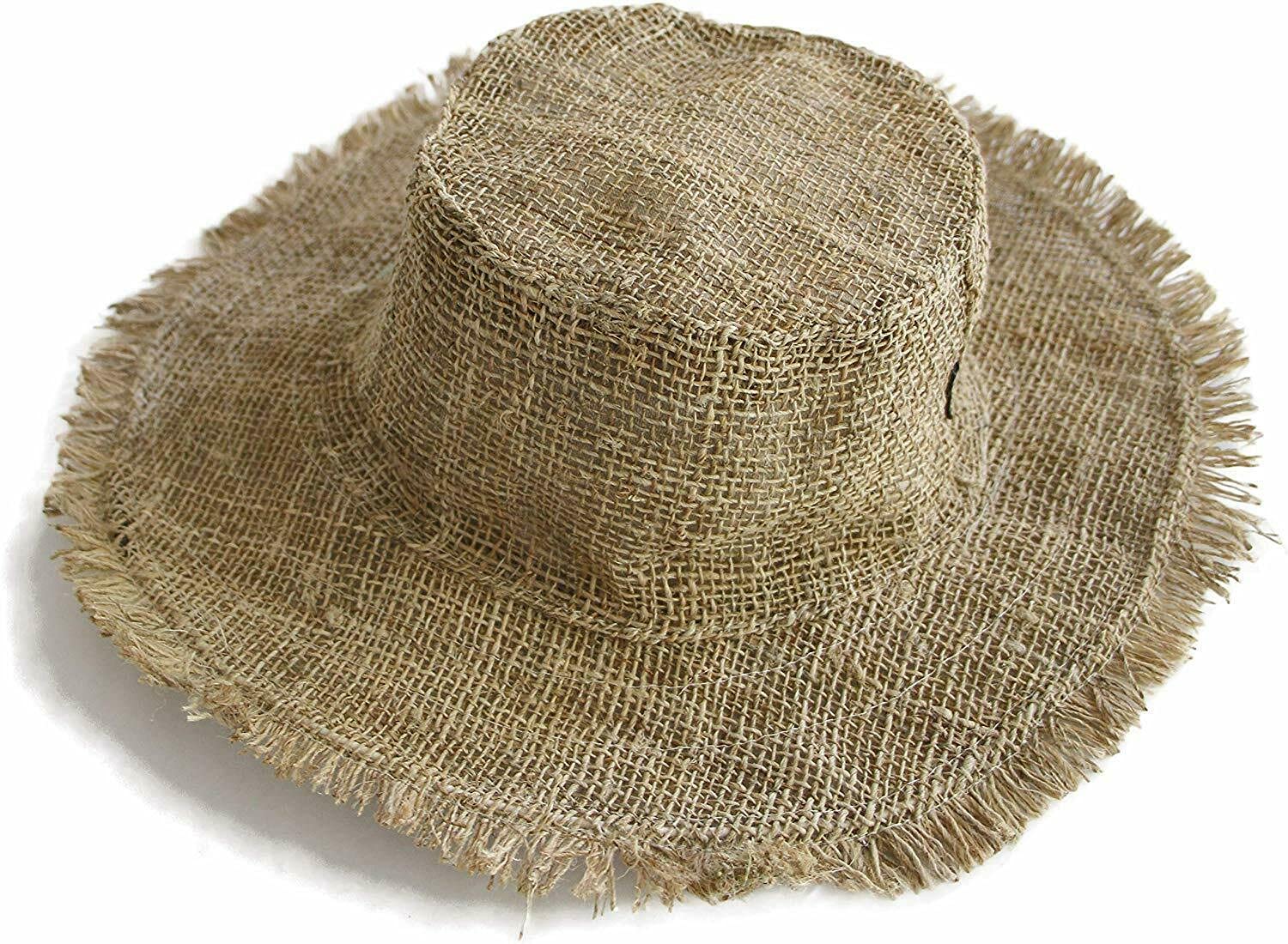 Hemp Sun Hat Wired Wide Brim Farmers hat with Frayed Edges, Raw Hemp Natural Straw Summer Hippie Farmers hat (Mediumc, Natural)